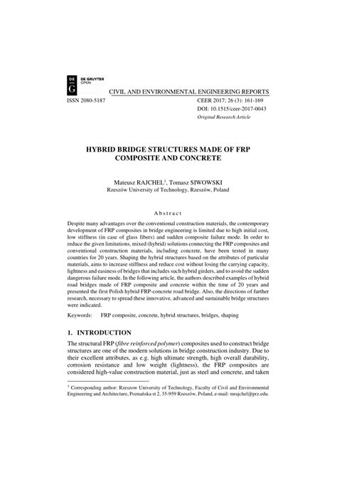 Pdf Civil And Environmental Engineering Reports Hybrid Bridge Structures Made Of Frp Composite