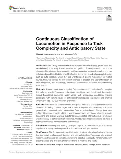 Pdf Continuous Classification Of Locomotion In Response To Task