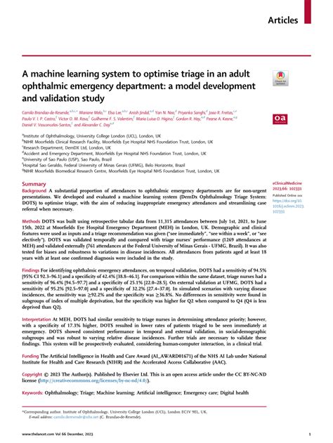 Pdf A Machine Learning System To Optimise Triage In An Adult Ophthalmic Emergency Department