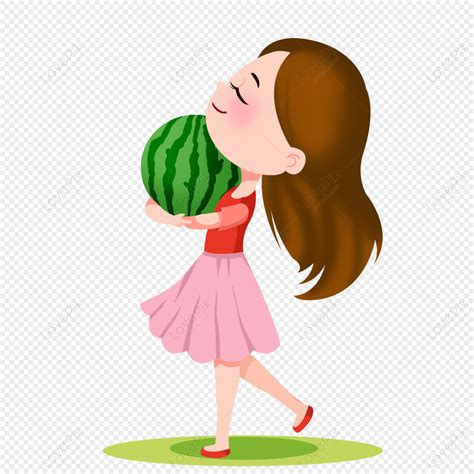 수박을 들고 만화 소녀 Png 일러스트 무료 다운로드 Lovepik