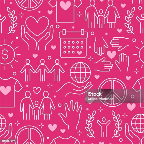 평평한 선 아이콘자선 벡터 원활한 패턴 기부 비영리 단체 Ngo 도움 그림을 제공 분홍색 흰색 배경 기부를위한 벽지 자원 봉사 커뮤니티 포스터 Charitable
