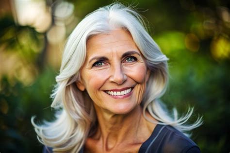 Retrato De Una Mujer Sonriente De 55 Años Con El Pelo Blanco Imagen