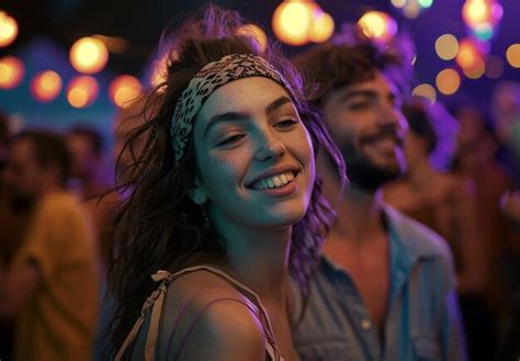 Photo Portrait Of Party Girl Woman And People At Night Party With Cute Smile Premium Ai
