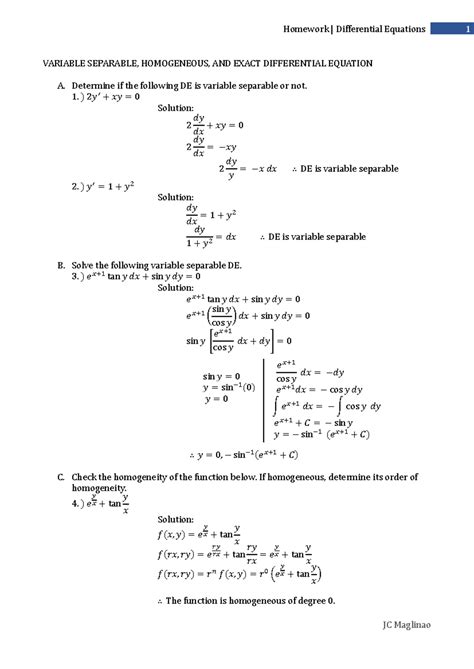 De Homework Jc Maglinao Homework Differential Equations 1 Variable