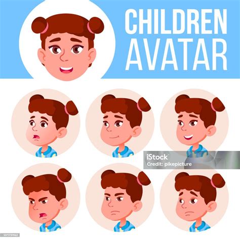 소녀 아바타 세트 아이 벡터입니다 초등 학교입니다 얼굴의 감정 어린이 젊은이입니다 유치 행복 즐거움 만화 머리 그림 개체 그룹에 대한 스톡 벡터 아트 및 기타 이미지
