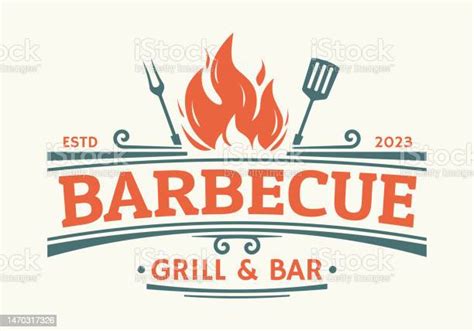 바베큐 로고 바비큐 불이 있는 그릴 아이콘 그릴 포크 주걱 레스토랑 라벨 또는 배지 빈티지 디자인 벡터 그림입니다 돼지에 대한 스톡 벡터 아트 및 기타 이미지 Istock