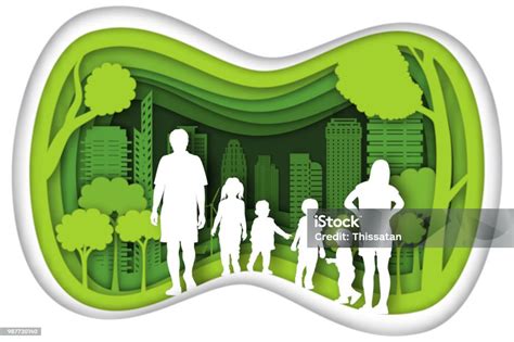 행복 한 가족 삶의 질 생태 아이디어로 디자인 도시 도시 아버지 어머니 아들과 아기 녹색 자연의 조각 종이 잘라 예술과 공예