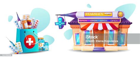 만화 스타일의 의료 및 온라인 상거래 개념 격리된 흰색 배경에 의약품 패키지가 있는 약국 건물의 외관 개념에 대한 스톡 벡터 아트 및 기타 이미지 Istock
