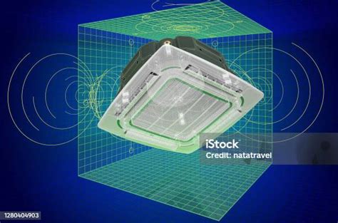천장 카세트 단위의 시각화 3d Cad 모델 에어컨의 실내 단위 청사진 3d 렌더링 0명에 대한 스톡 사진 및 기타 이미지 0명 디자인 디지털 생성 이미지 Istock