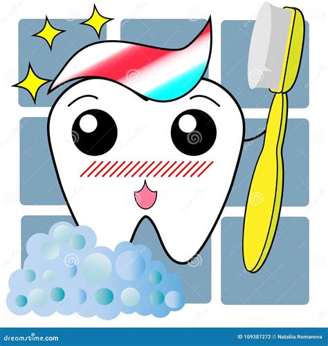 Tooth And Toothbrush And Toothpaste In Cartoon Stock Vector Illustration Of Bathroom Colored