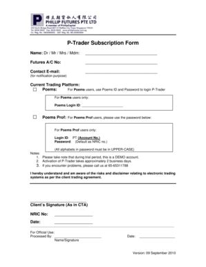 P Trader Subscription Form Blank Fillable Template Fill Out Print