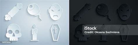 불타는 촛불 뱀파이어 해골 기독교 십자가 눈과 사탕 아이콘이 있는 관을 설정합니다 벡터 3차원 형태에 대한 스톡 벡터 아트 및 기타 이미지 Istock