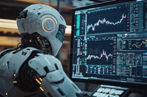 Robotic Trader Analyzing Stock Market Data On Digital Dashboard Connected To Global Financial