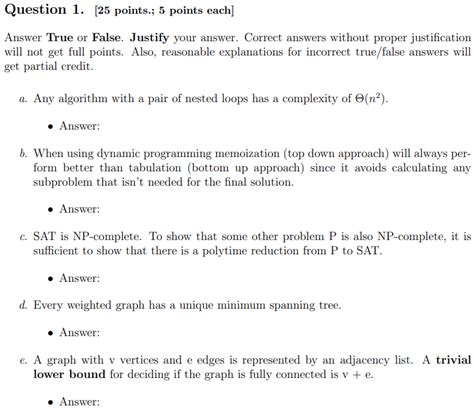 Solved Question 1 25 Points 5 Points Each Answer True