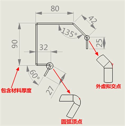 各种角度的折弯尺寸如何标注 虚拟 钝角 厚度