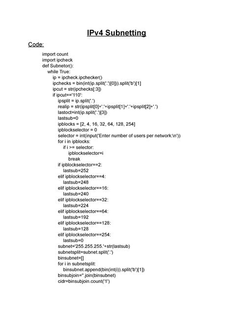 Ipv4 Subnetting Ipv4 Subnetting Code Import Count Import Ipcheck Def