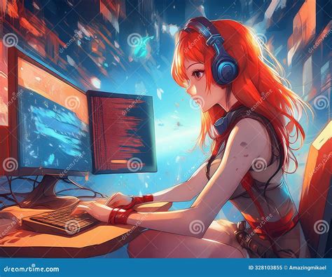 Sensual And Seductive Anime Gamer Woman With Red Hair Stunning Illustration For Video Games