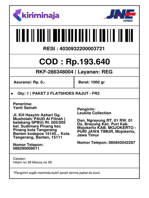 Contoh Resi Cod Customer Jne Pdf