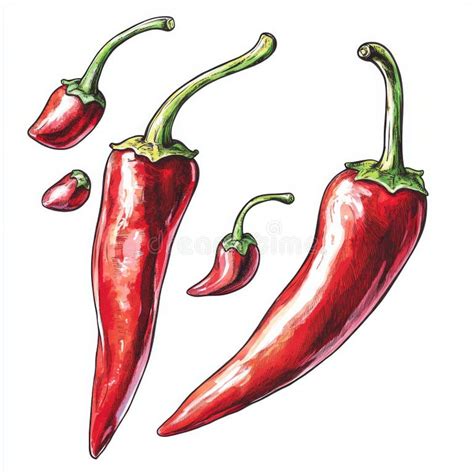 Vibrant Red Chili Peppers With Green Stems In Artistic Illustration