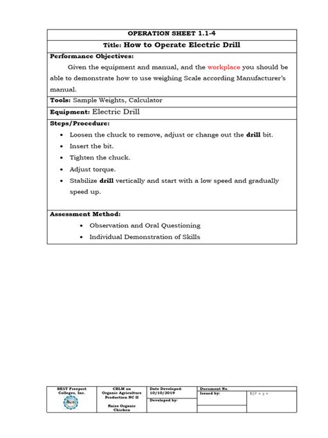 Operation Sheet Pdf Drill