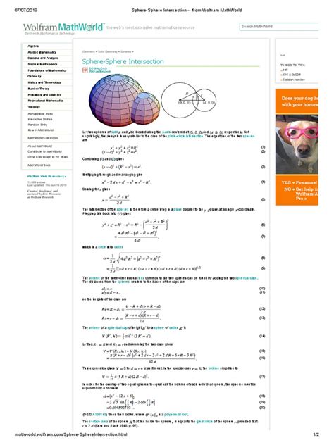 Sphere Sphere Intersection From Wolfram Mathworld Pdf Sphere Geometry