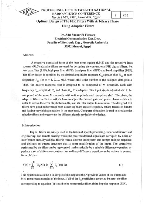 Pdf Optimal Design Of The Fir Filters With Arbitrary Phase Using Adaptive Filters