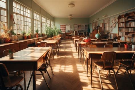 Empty Class Room With Windows And Desks In The Style Of Sun Rays Shine