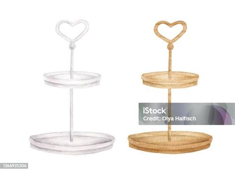 흰색 배경에 격리된 계층 트레이 그림 집합입니다 손으로 그린 수채화 빈 계층 서빙 은 농가 스타일의 스탠드 소박한 홈 장식 스케치 나무와 흰색 디저트 스탠드 가정용 장비에