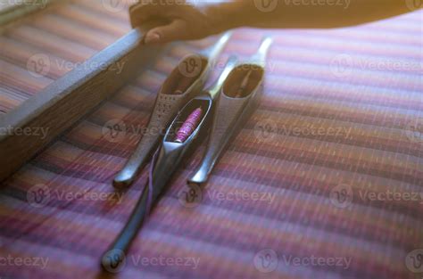 Woman Working On Weaving Machine For Weave Handmade Fabric Textile Weaving Weaving Using