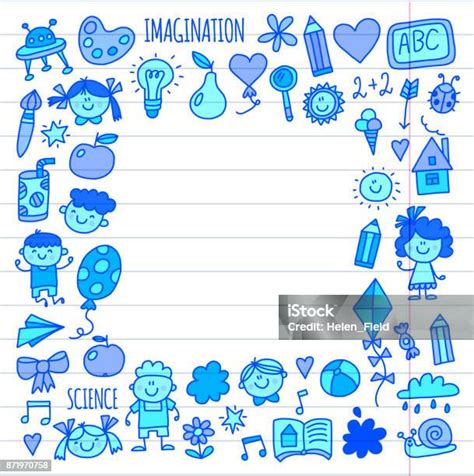 학교 유치원입니다 행복 한 아이 들 창의력 상상력 낙서 아이콘 아이 들과 함께입니다 재생 하 고 연구 하 고 행복 한 학생 과학 성장 하 고 모험 탐험 연구 2 3 살에