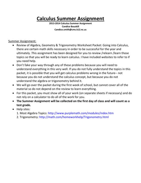 Calculus Summer Assignment