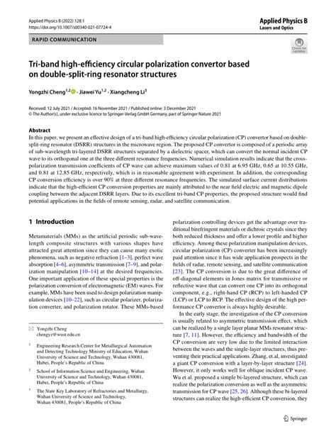 Pdf Tri Band High Efficiency Circular Polarization Convertor Based On Double Split Ring