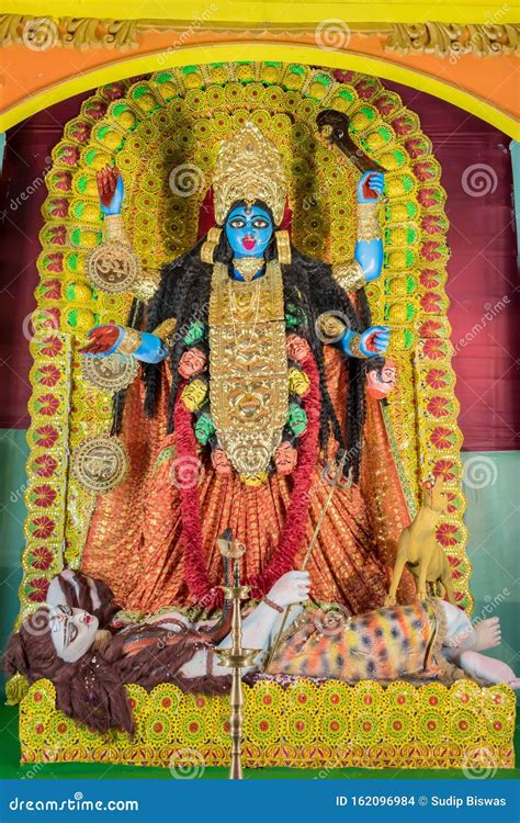 Idol Of Goddess Maa Kali At A Decorated Puja Pandal In Kolkata India
