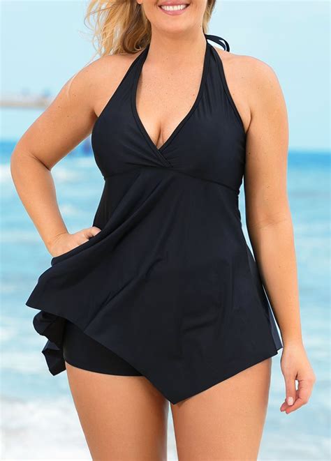 Plus Size Asymmetric Hem Black Halter Swimdress And Shorts Rotita Com