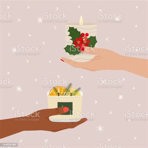 말린 오렌지와 향기로운 간장 왁스 양초 여성 손에 겨울 녹지가 있는 메리 크리스마스 인사말 카드 새해 메리 크리스마스 포스터 제로 웨이스트 에코 선물 손으로 그린 벡터