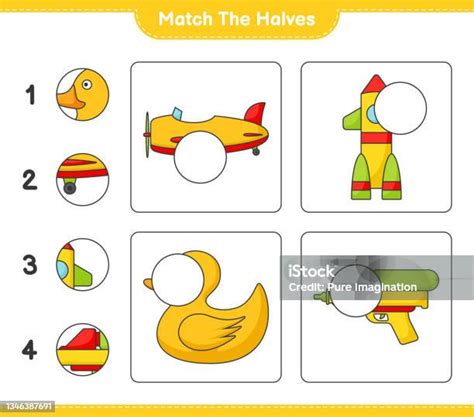 반쪽을 일치시다 비행기 로켓 고무 오리 물총의 절반을 일치합니다 교육 어린이 게임 인쇄 워크 시트 벡터 일러스트레이션 0명에 대한 스톡 벡터 아트 및 기타 이미지 Istock