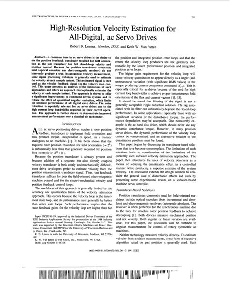 High Resolution Velocity Estimation For All Digital Ac Servo Drives Pdf