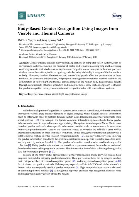 PDF Body Based Gender Recognition Using Images From Visible And Thermal Cameras