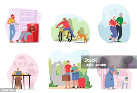 노인 캐릭터 라이프 스타일을 설정합니다 노인 남녀 조깅 자전거 타기 Pc 사용 여행 관엽 식물 관리 조깅 조깅에 대한 스톡 벡터 아트 및 기타 이미지 Istock