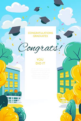 졸업생 여러분 축하드립니다 졸업식 모자를 공중에 던집니다 색종이 조각과 리본이 그들 주위를 날아 다니며 기쁨과 축하를 상징합니다 졸업식에 대한 스톡 벡터 아트 및 기타