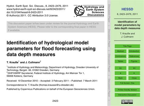 Pdf Identification Of Hydrological Model Parameters For Flood Forecasting Using Data Depth