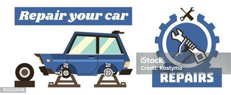 자동차 수리에 가로 배너 템플릿입니다 아이콘 복구 손을 잡고 렌치 차 바퀴를 제거 우리는 컴퓨터의 섀시 제동 시스템 참조