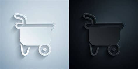 회색과 검은색 배경에 격리된 수레로우 아이콘을 종이 로 잘라냅니다 공구 장비 농업 카트 바퀴 농장 종이 아트 스타일 벡터 3차원 형태에 대한 스톡 벡터 아트 및 기타 이미지