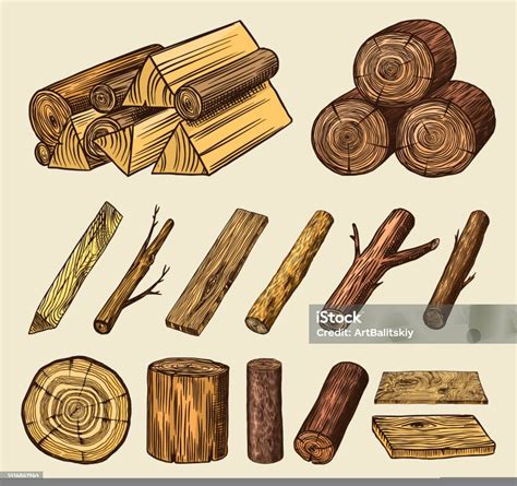 나무 세트 널빤지와 통나무 목재와 컷 빈티지 스타일의 장작 나무 조각 간판 레이블 로고 또는 배너에 대한 벡터 환상 캠프 파이어 재료 새겨진 손으로 그린 스케치 개체 그룹에