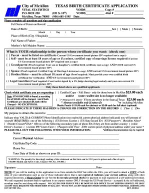 2015 2026 Form Tx Birth Certificate Application Mcallen City Blank