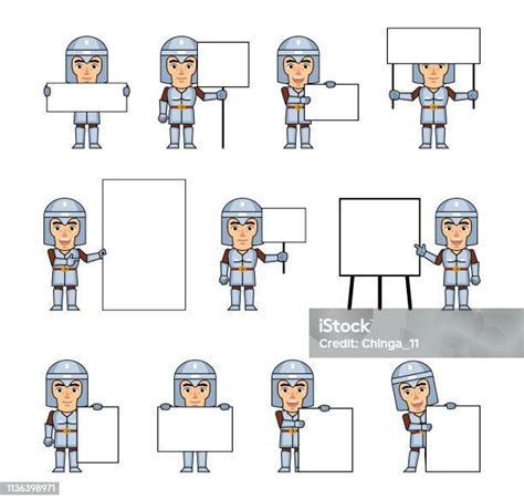 다양 한 빈 배너 포즈 중세 나이트 캐릭터의 집합입니다 재미 기사 지주 종이 포스터 플 래 카드 화이트 보드를 가리키는 교육
