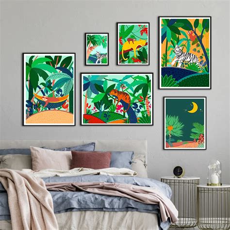 사파리 화이트 타이거 레오파드 정글 식물 포스터 프린트 벽 아트 캔버스 페인팅 북유럽 사진 거실 장식 홈 장식그림 And 서예 Aliexpress