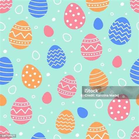 귀여운 장식 계란이 있는 부활절 완벽 한 패턴입니다 만화 스타일의 화려한 배경 벡터 일러스트 레이 션 계절에 대한 스톡 벡터 아트 및 기타 이미지 Istock