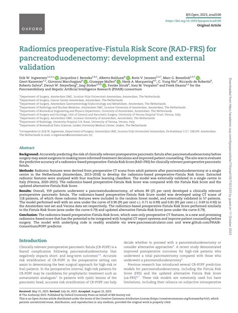 Pdf Radiomics Preoperative Fistula Risk Score Rad Frs For