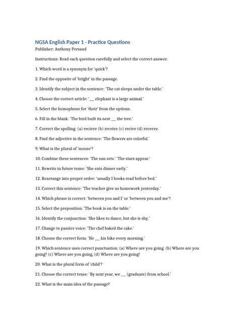 Ngsa English Paper 1 Practice Pdf English Language Semantic Units